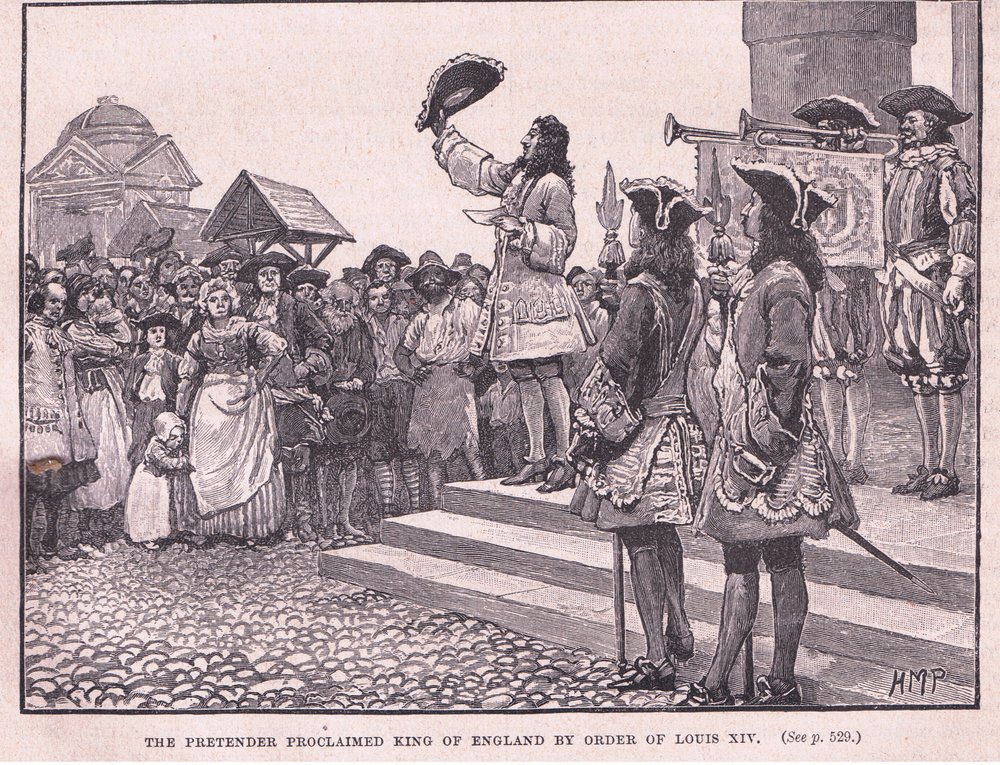 The Pretender proclaimed king of England by order of Louis XIV